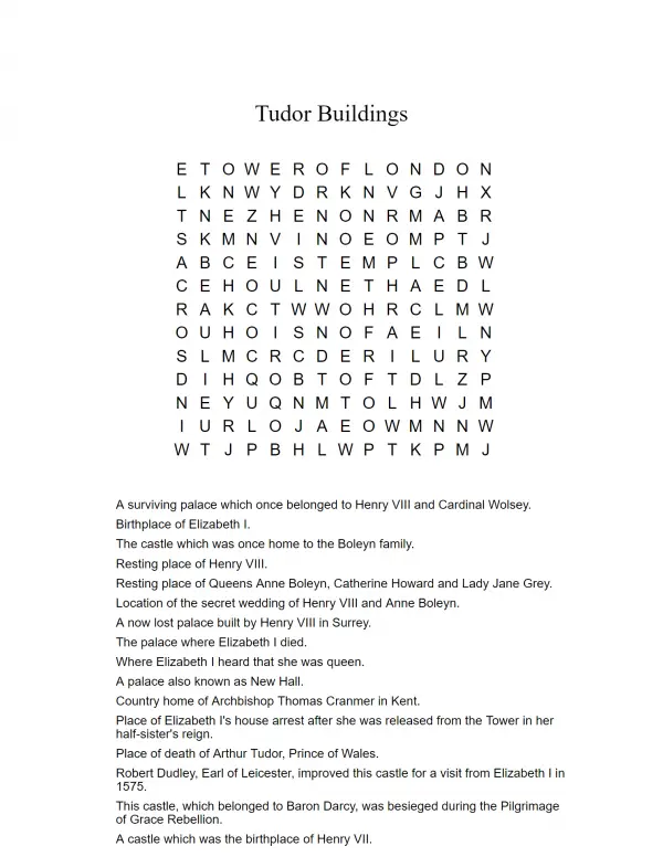 Tudor Buildings wordsearch - The Tudor Society