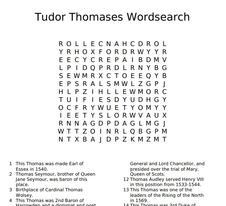 Tudor Thomases Wordsearch - The Tudor Society
